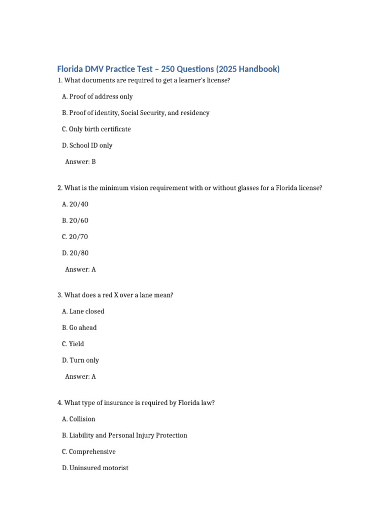Florida DMV Practice Test 250 Questions | PDF | Traffic | Speed Limit