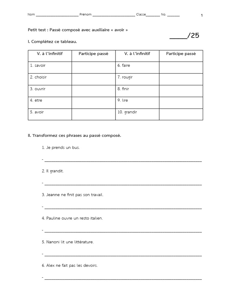 Test de passé composé avec « avoir » | PDF