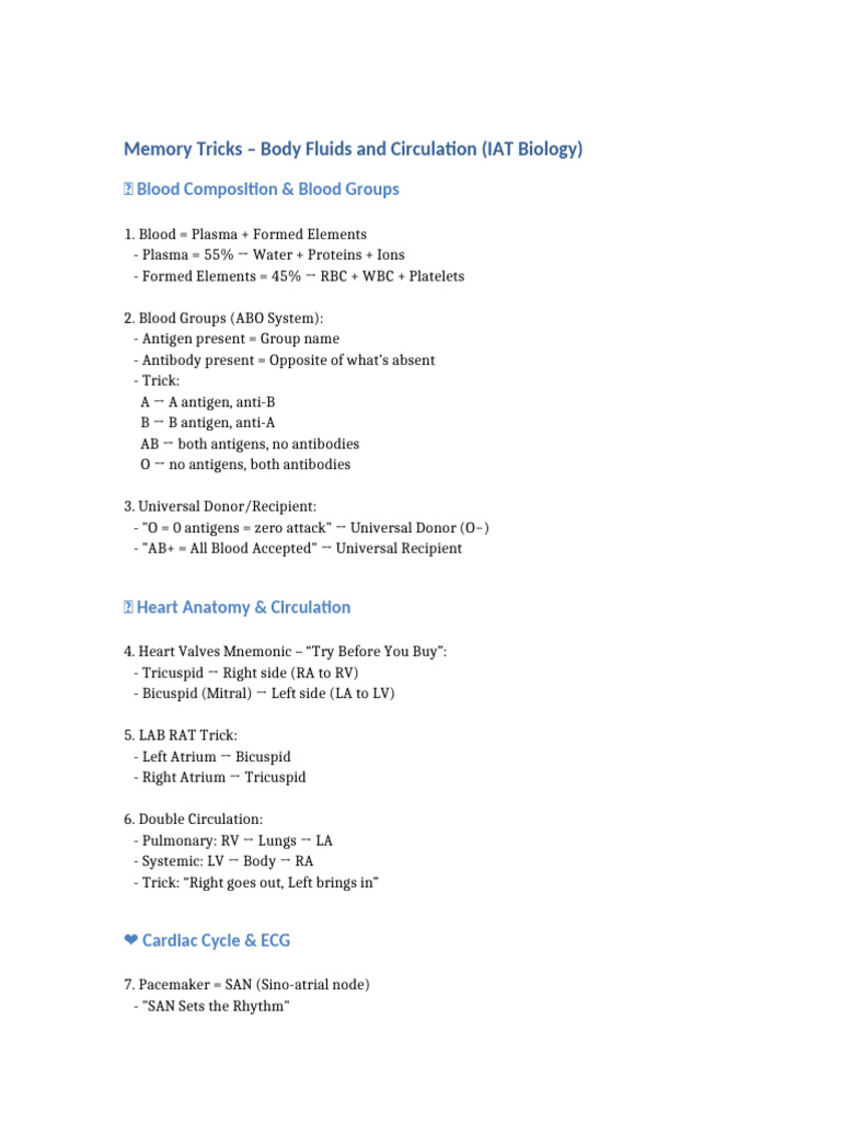 Body Fluids and Circulation Memory Tricks | PDF | Heart | Atrium (Heart)