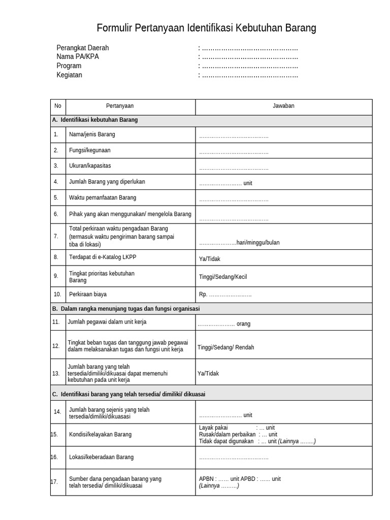 Form Identifikasi Kebutuhan Barang | PDF