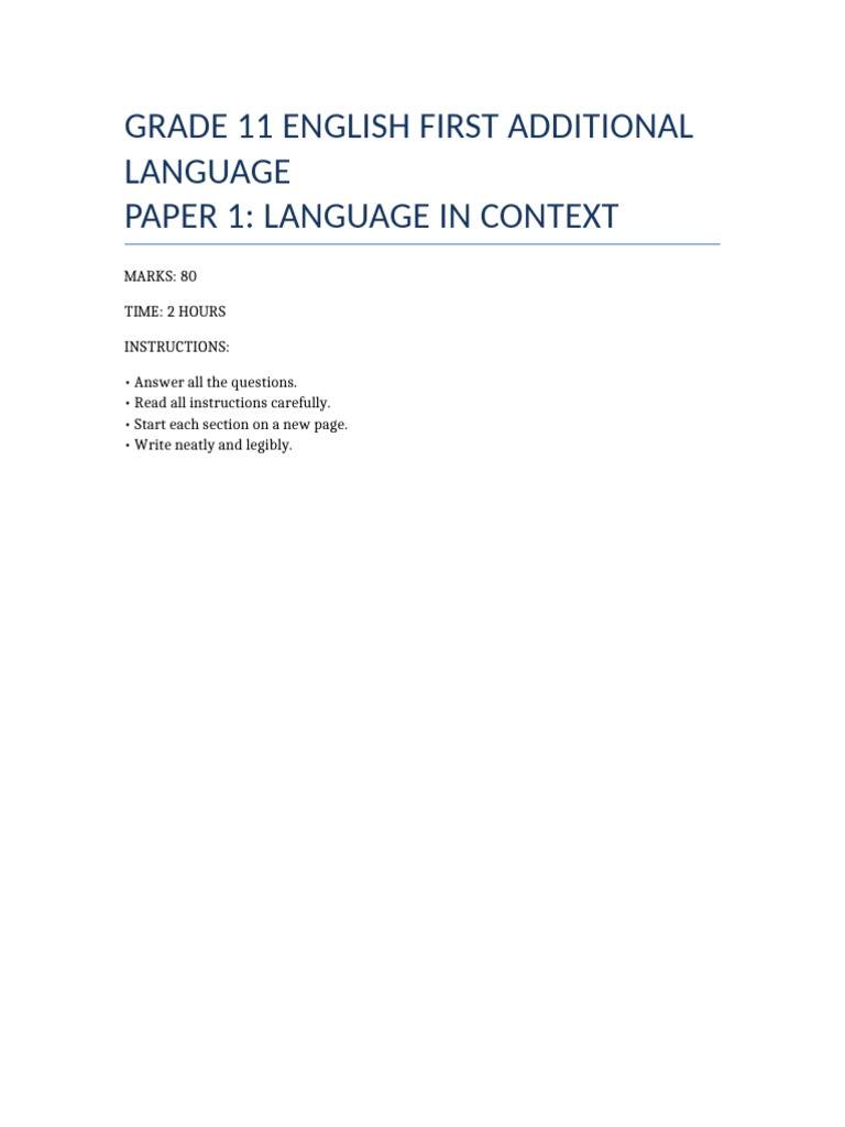 Grade 11 English Paper 1 | PDF | Critical Thinking | Reading Comprehension