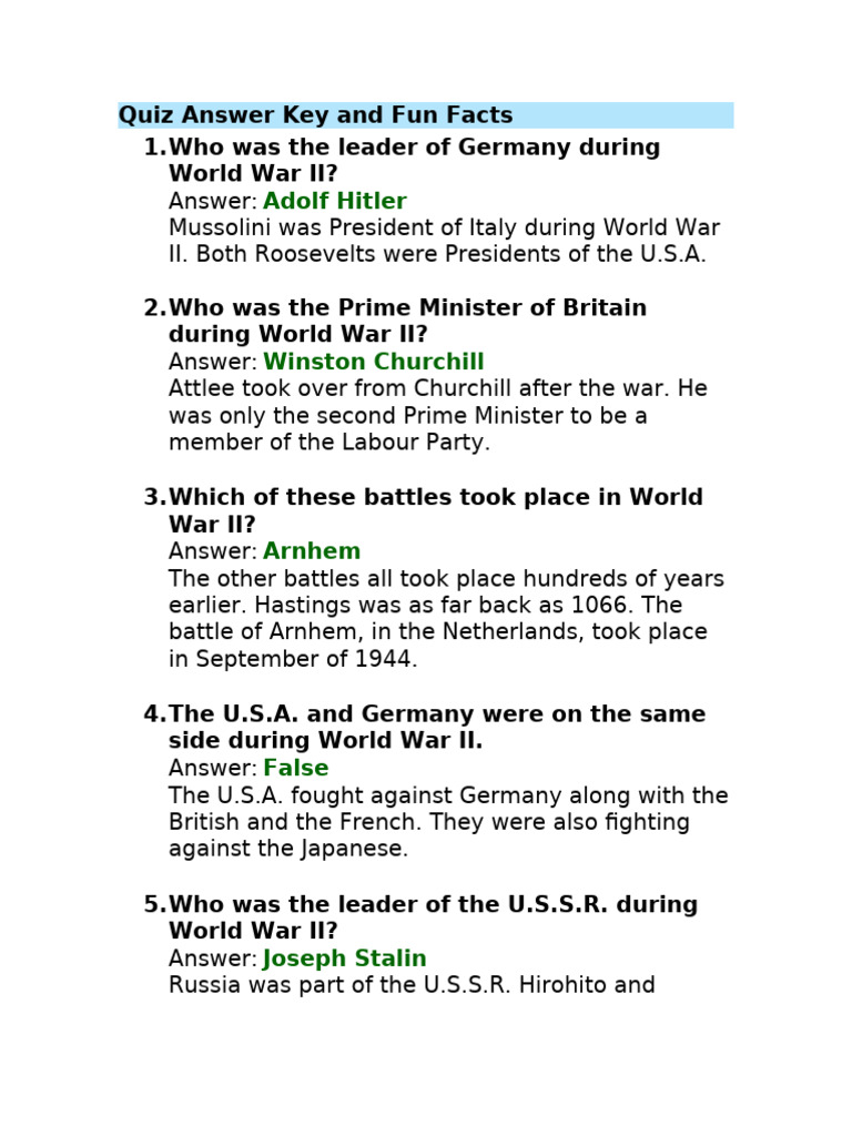 WW2 Quiz: Answers and Key Facts | PDF | World War II | Attack On Pearl ...