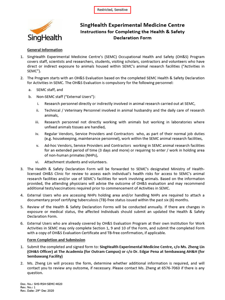 # 4.SHS-RSH-SEMC-4020 Health and Safety Declaration For External User | PDF | Allergy | Tuberculosis