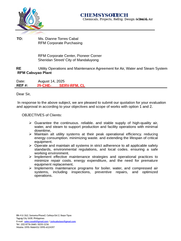 RFM Plant Utility Maintenance Proposal | PDF | Boiler | Valve