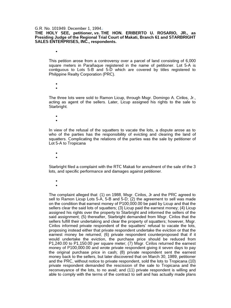 Holy See vs. Starbright Land Dispute | PDF | Holy See | Vatican City