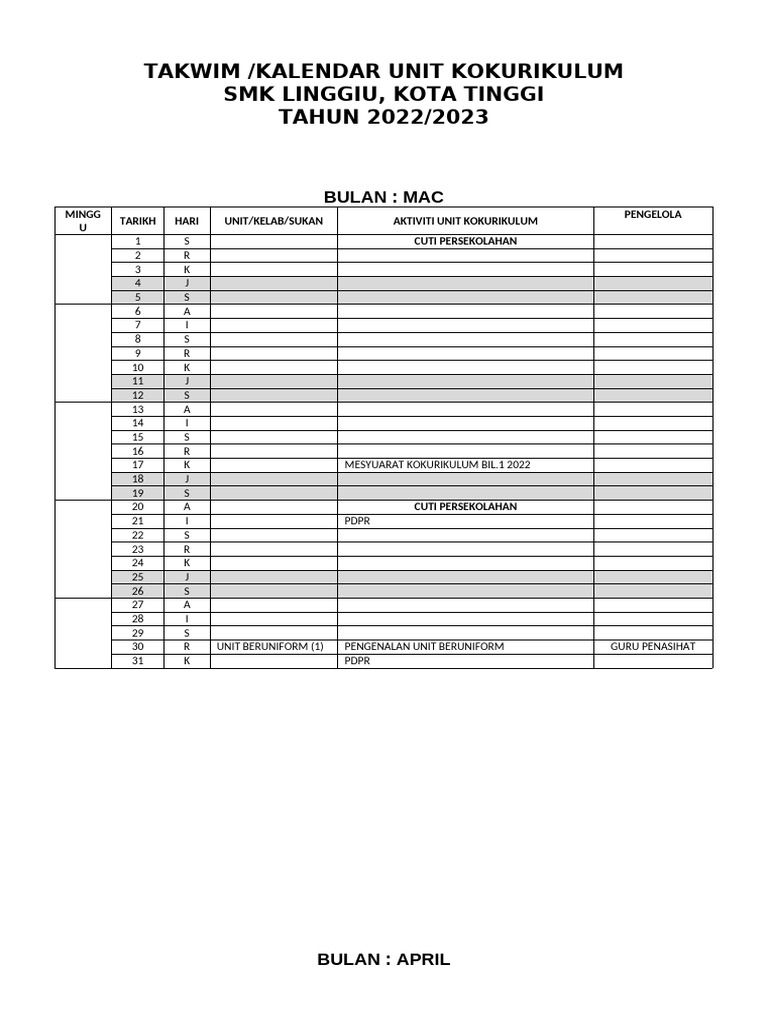 Takwim Kalendar Kokurikulum Tahun 2022 | PDF