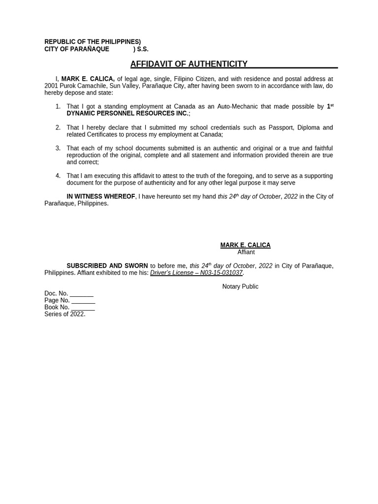 Affidavit of Authenticity (1) | PDF