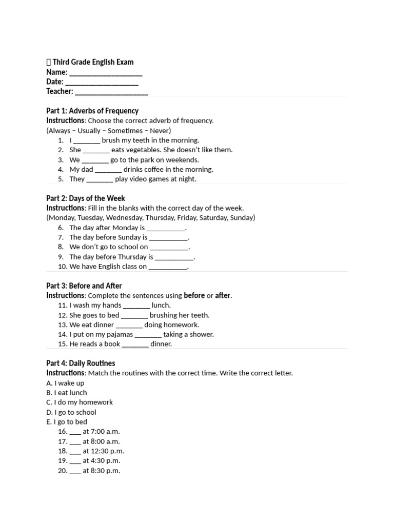 Third Grade English Exam Guide | PDF