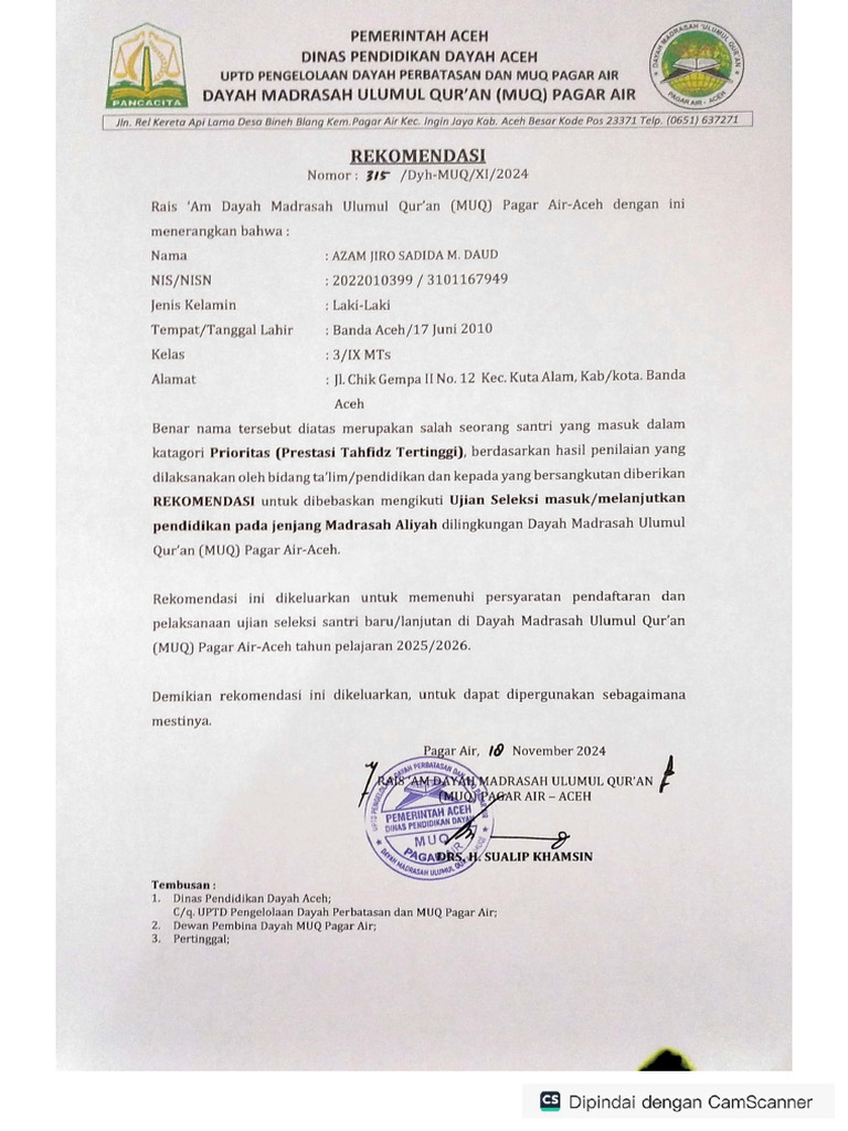 Surat Rekomendasi Azzam | PDF
