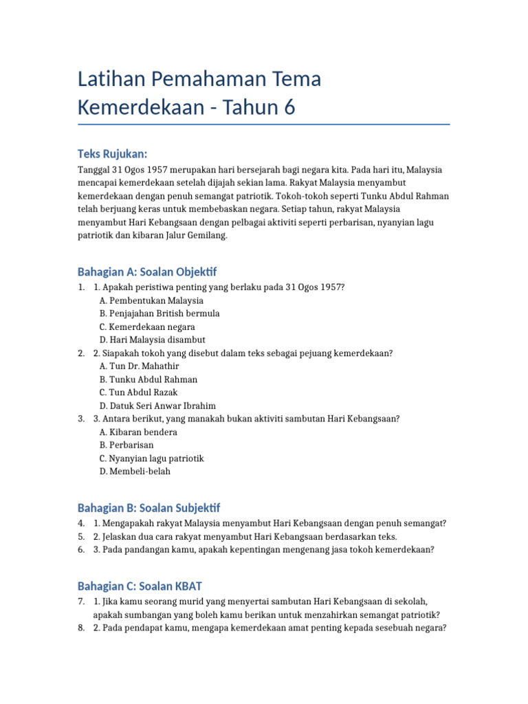 Latihan Pemahaman Kemerdekaan Tahun 6 | PDF