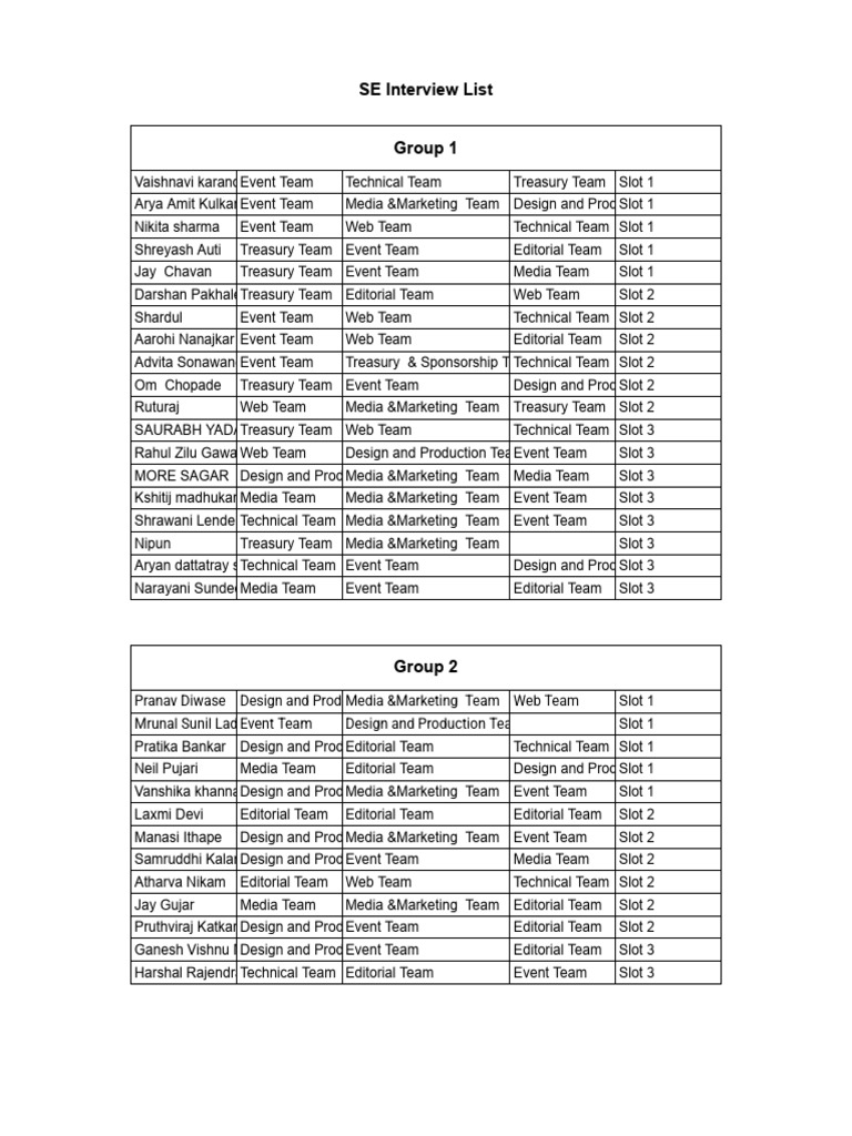 SE Interview Schedule by Team and Slot | PDF