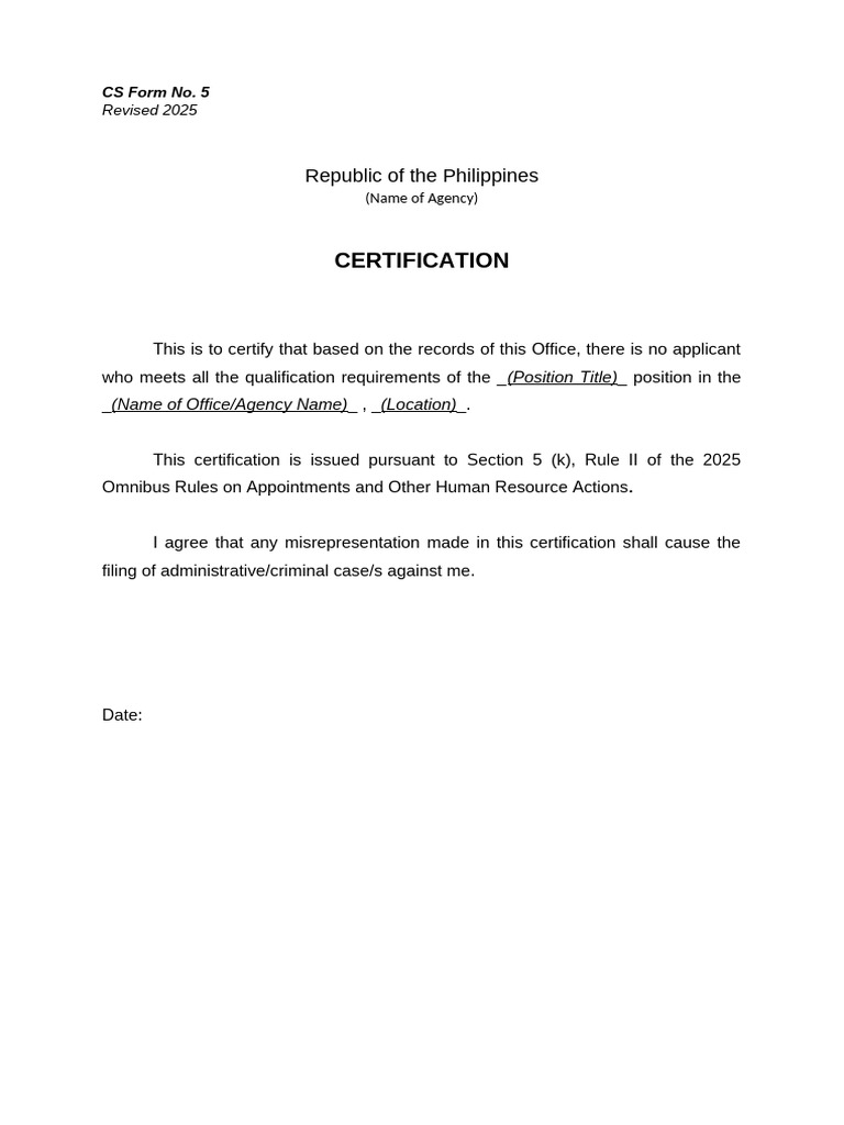 ANNEX M - CS Form No. 5. Revised 2025 - Certification That There Is No ...
