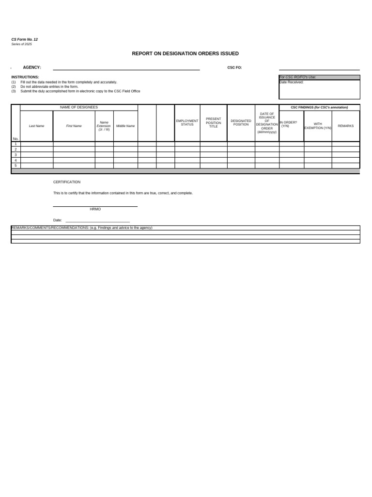 CSC Form No. 12 Designation Report 2025 | PDF