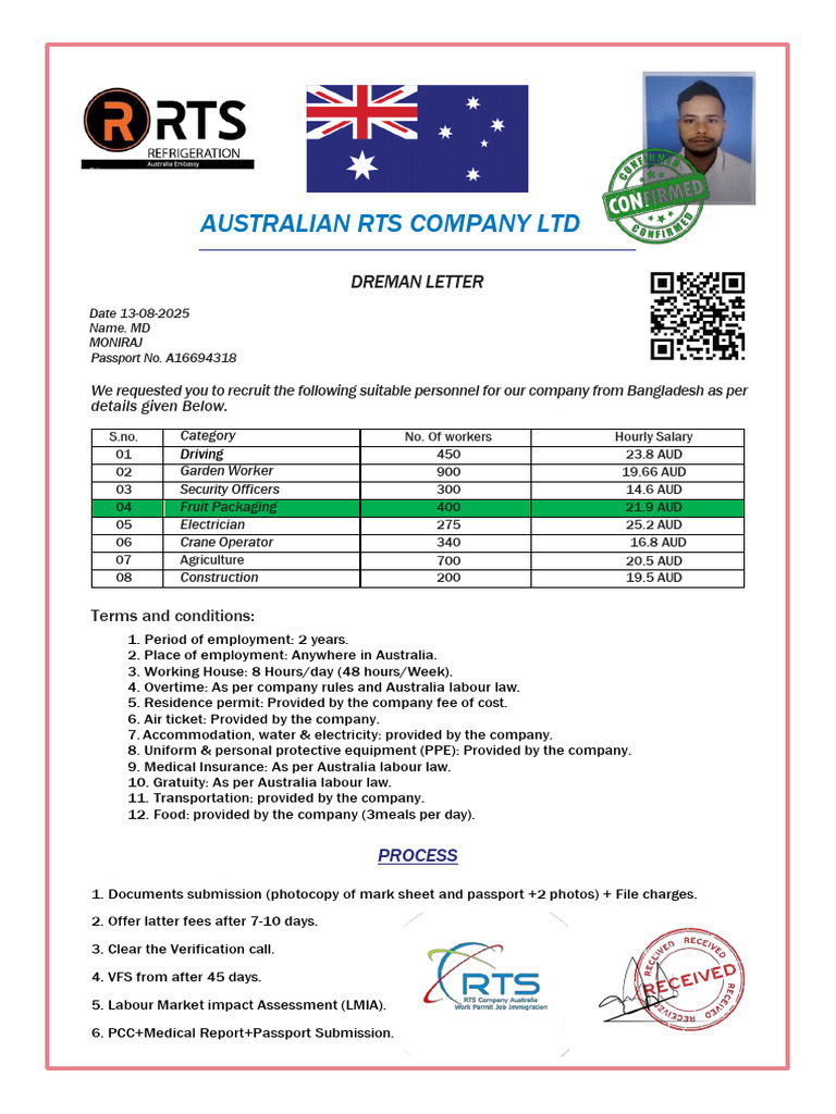 MD MONIRAJ Work Permit Form Australia RTS Company LTD 2 | PDF
