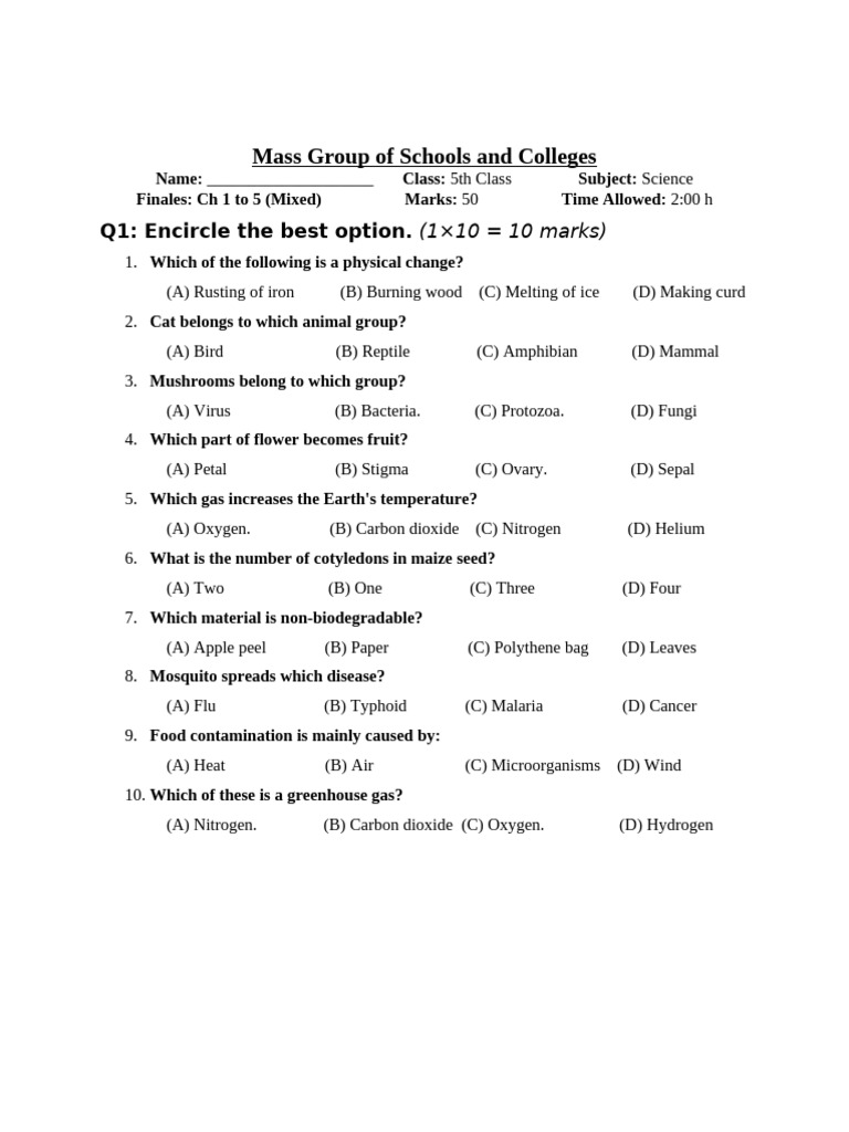 5th Class Science Exam Questions | PDF
