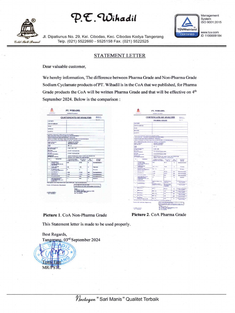 Statement Letter CoA Pharma Grade | PDF