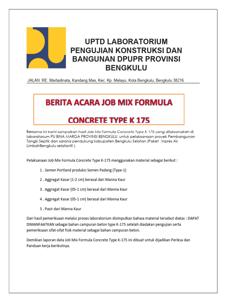 Job Mix Formula K-175 untuk Beton Bengkulu | PDF