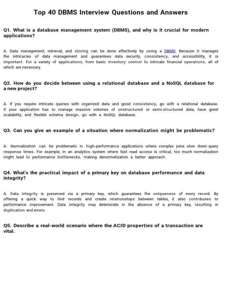 Top 40 DBMS Interview Questions and Answers For 2025 | PDF | Databases ...