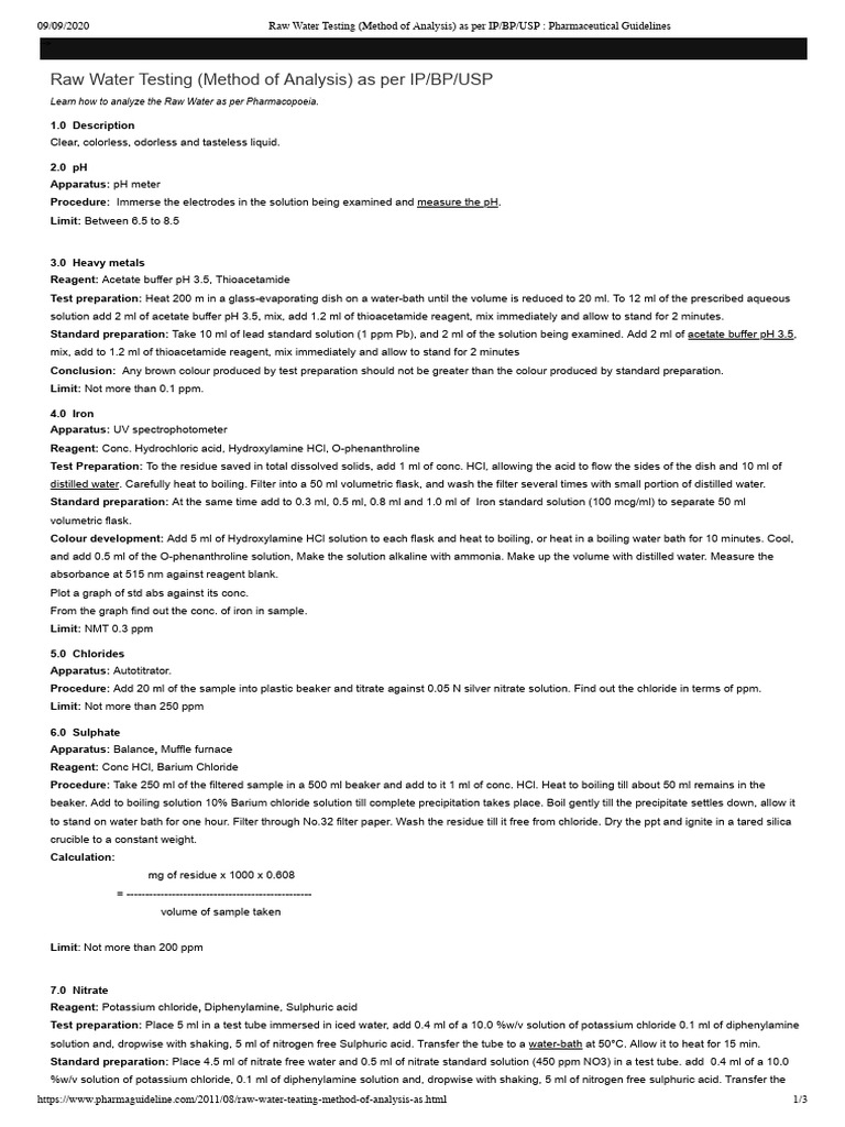 Raw Water Testing (Method of Analysis) As Per IP - BP - USP ...