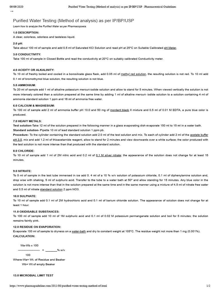 Purified Water Testing (Method of Analysis) As Per IP - BP - USP ...