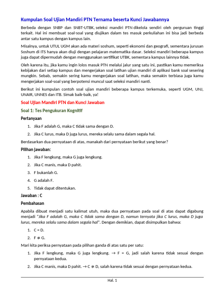 35 Contoh Soal Ujian Mandiri Kampus Lengkap Dengan Jawabannya | PDF