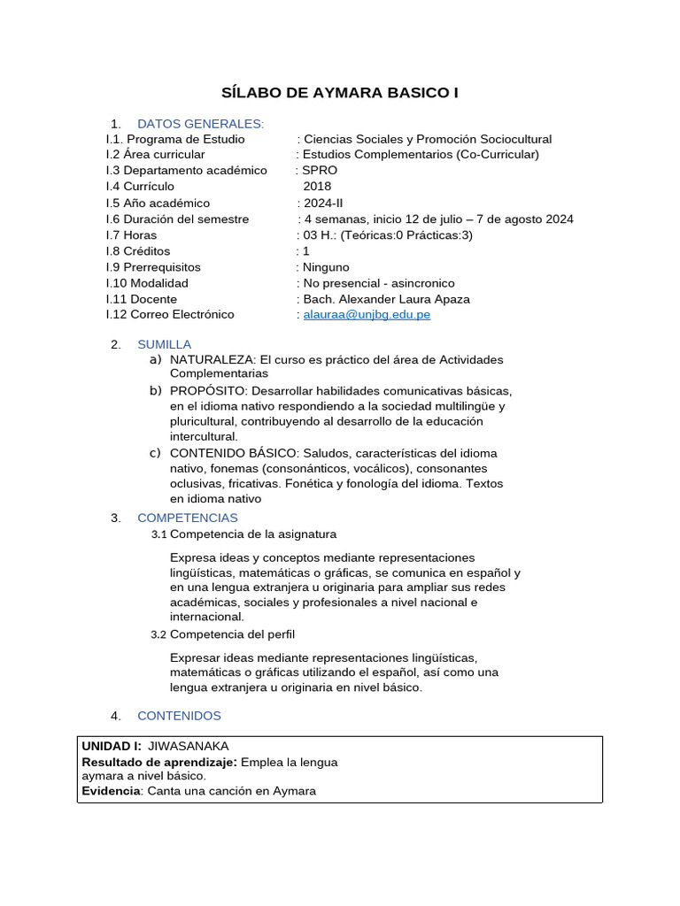 Sílabo de Aymara Basico I | PDF | Lengua española | Fonema