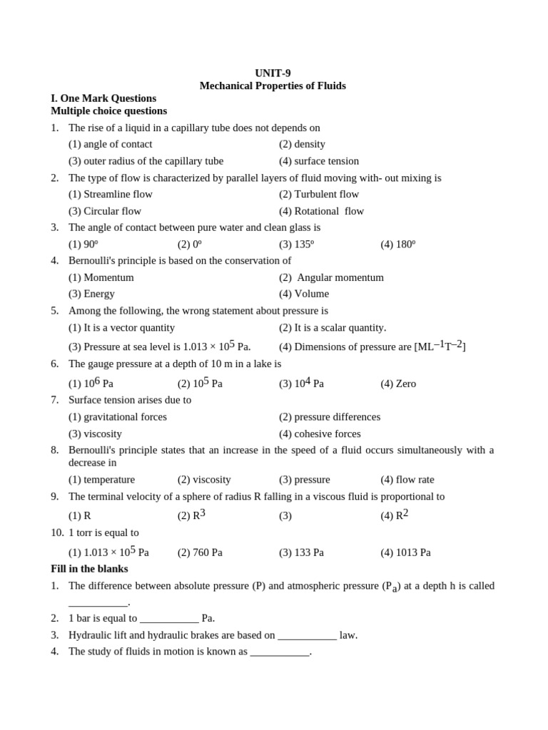 Mechanical Properties of Fluids Quiz | PDF | Pressure | Fluid Dynamics