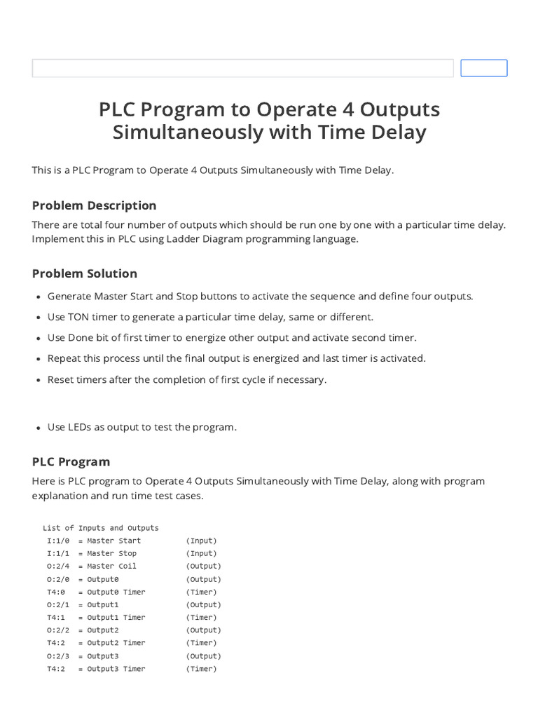 2 - PLC Program To Operate 4 Outputs Simultaneously With Time Delay - Sanfoundry | PDF ...