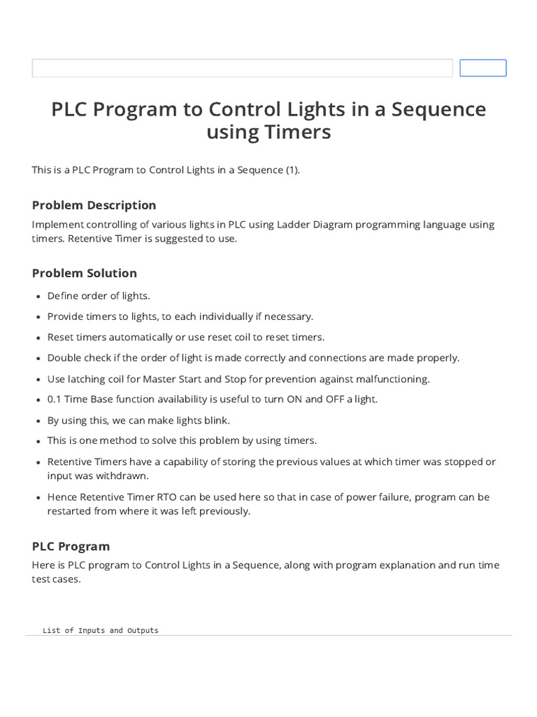 5 - PLC Program To Control Lights in A Sequence Using Timers - Sanfoundry | PDF | Programmable ...