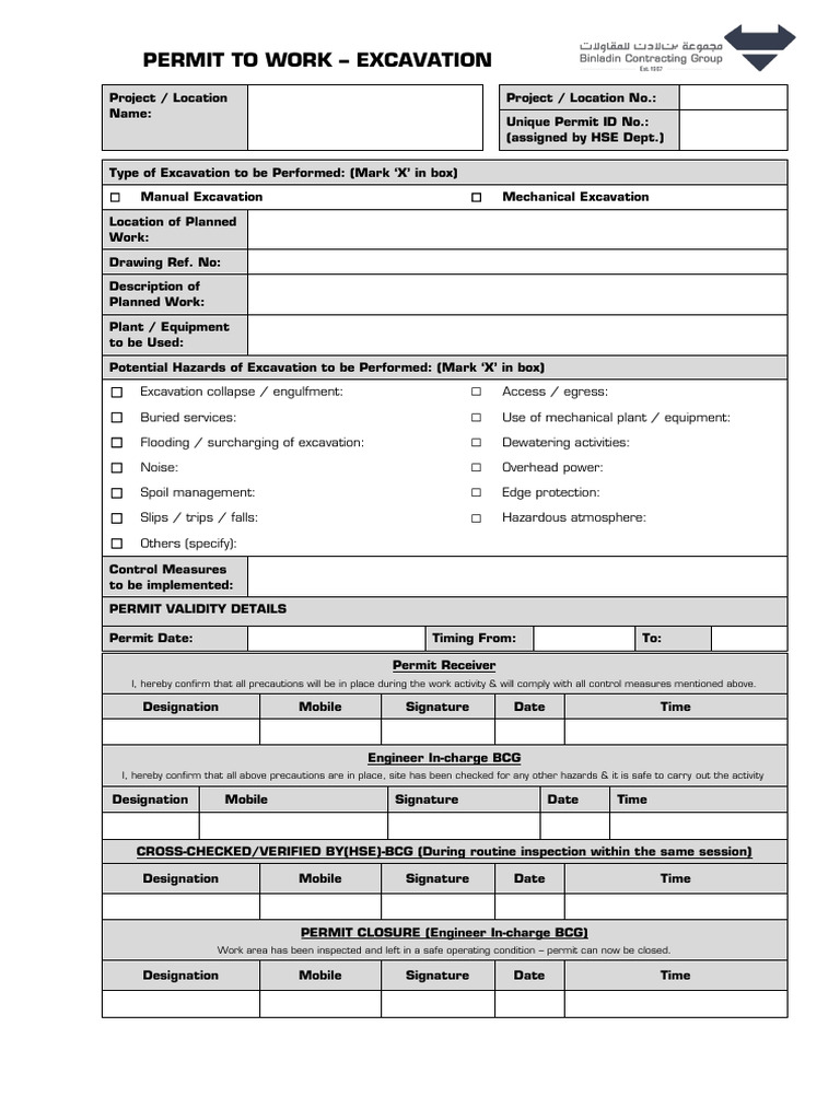 BCG HSEMS 086.01 Excavation - Work - Permit | PDF | Safety