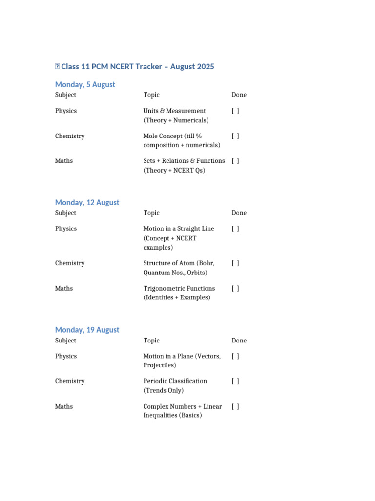 Class 11 PCM Tracker August 2025 | PDF