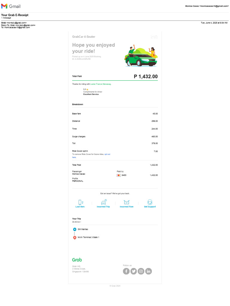GrabCar Receipt for June 2025 | PDF | Public Transport | Transport