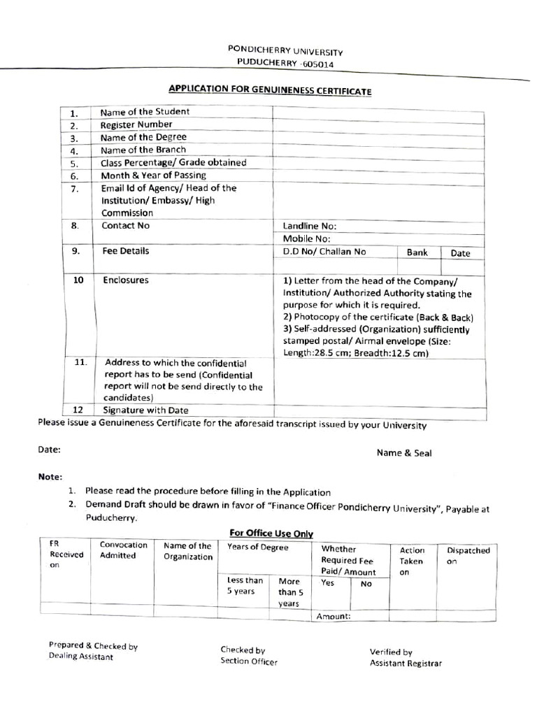Genuineness Certificate Application Form | PDF