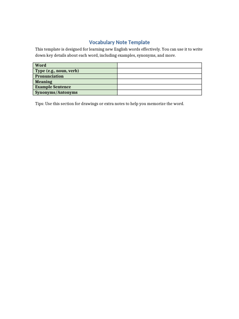 Vocabulary Note Taking Template | PDF