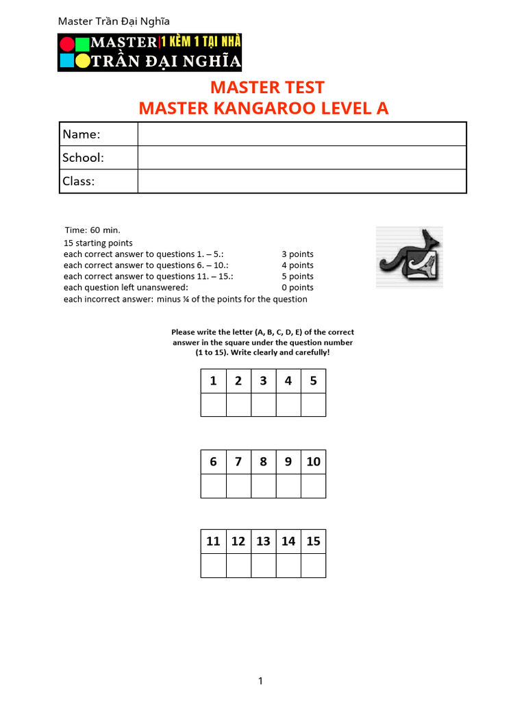 Master Kangaroo Math Test Level A | PDF | Chess Theory | Chess
