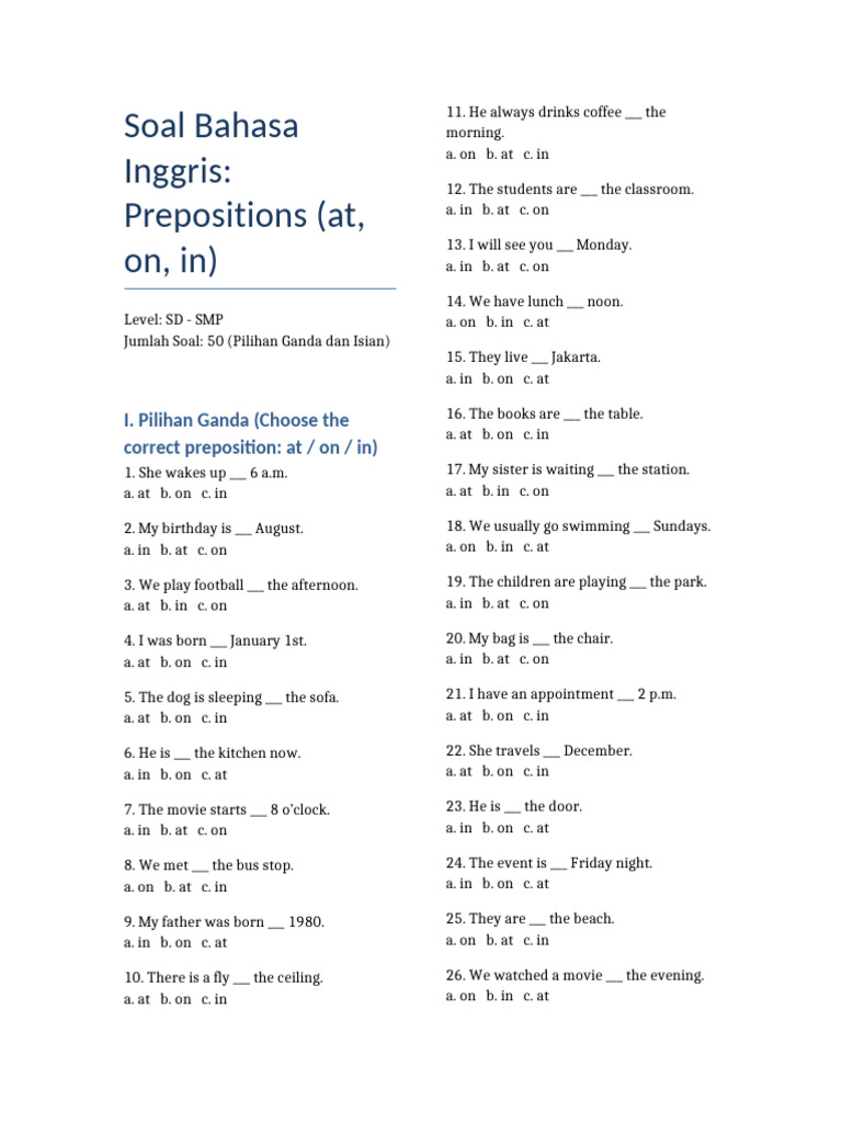 Soal - Prepositions (At, On, In) | PDF | Chess Theory | Chess