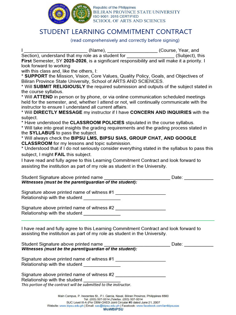 Student Learning Commitment Contract | PDF | Human Communication | Learning