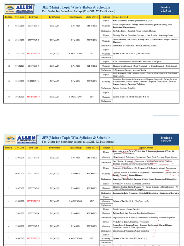 JEE Main 2025-26 Test Schedule & Syllabus | PDF | Chemistry | Physics