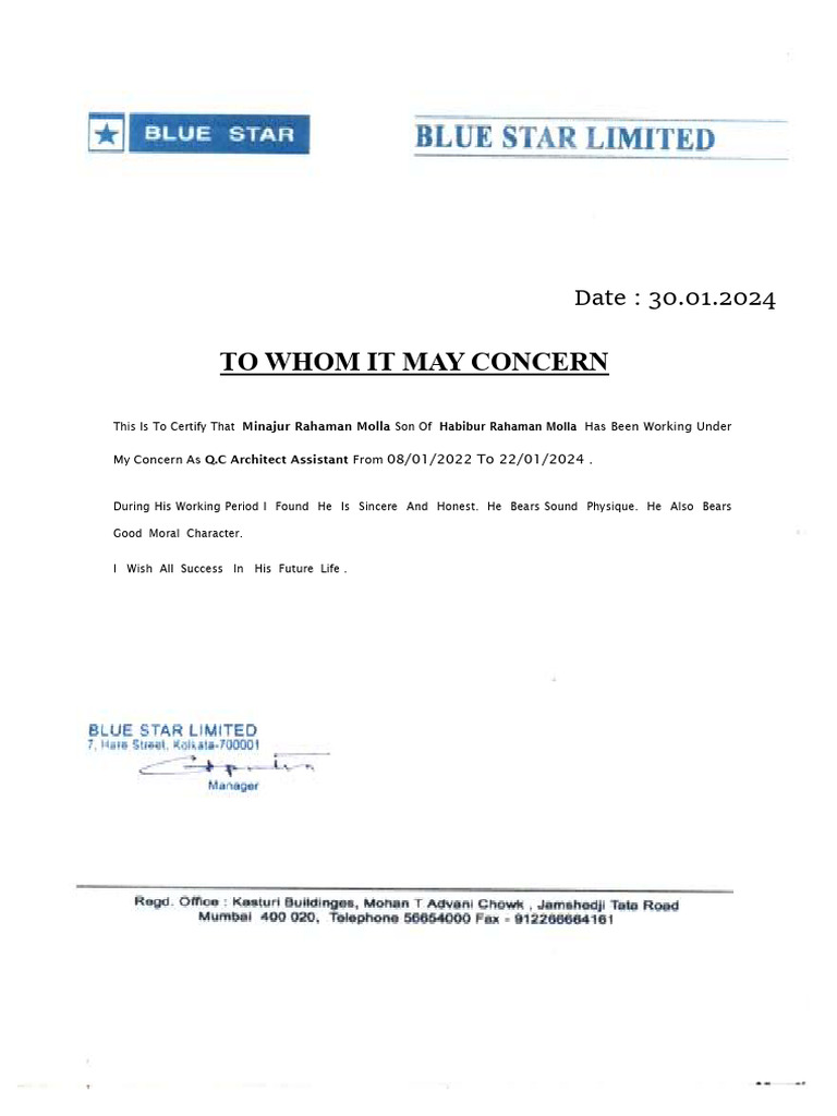 Blue Star Experience Certificate | PDF
