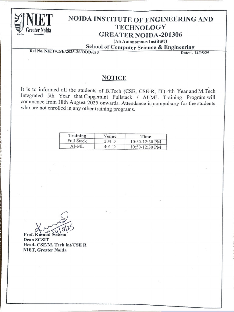 Capgemini Training Notice | PDF