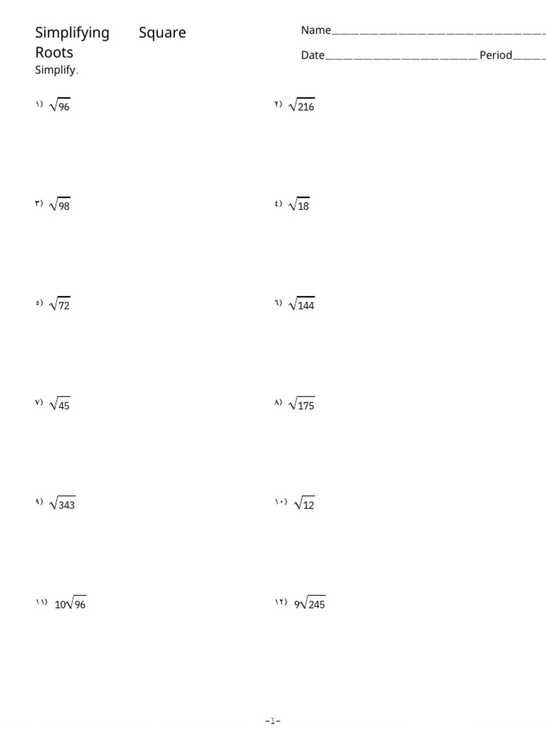 Simplifying Square Roots Worksheet | PDF