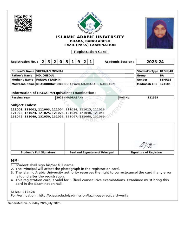 Fazil Pass Examination Registration Cards | PDF | Bangladesh