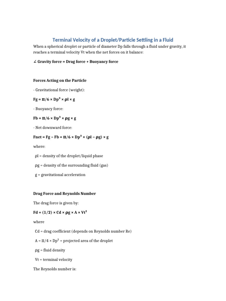 Terminal Velocity Droplet Particle | PDF | Reynolds Number | Drag (Physics)