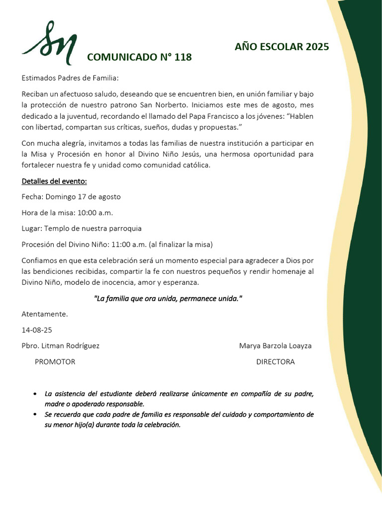 Comunicado N118 - Misa y Procesion Divino Nino | PDF