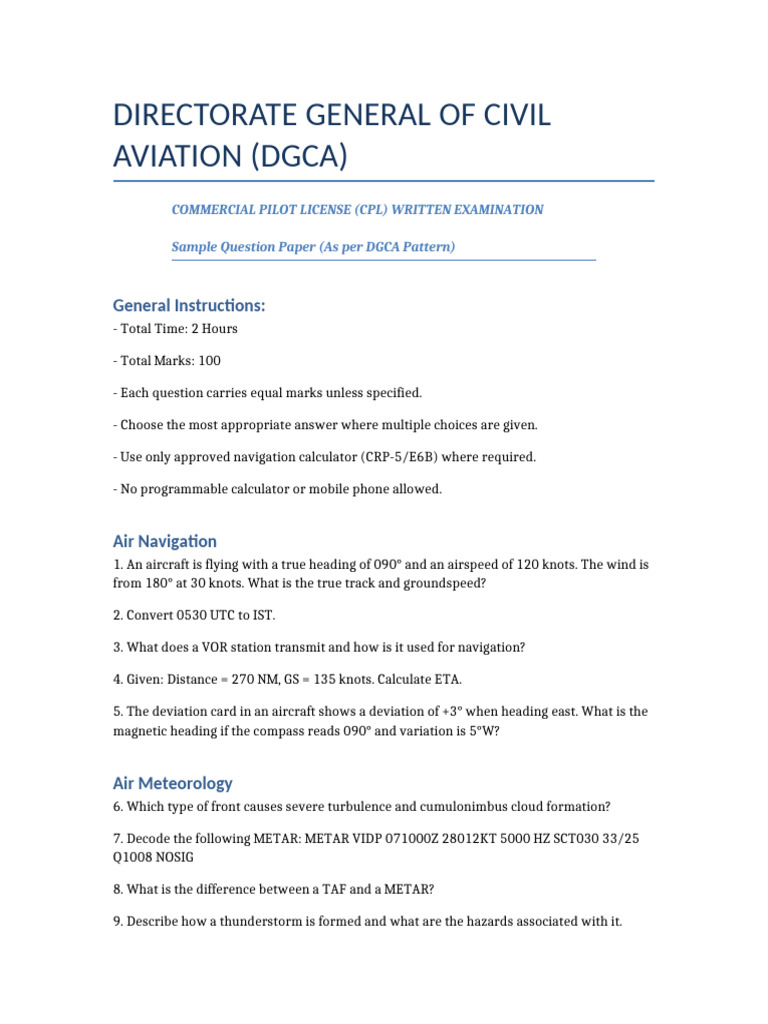 DGCA CPL Exam Paper Official Format | PDF