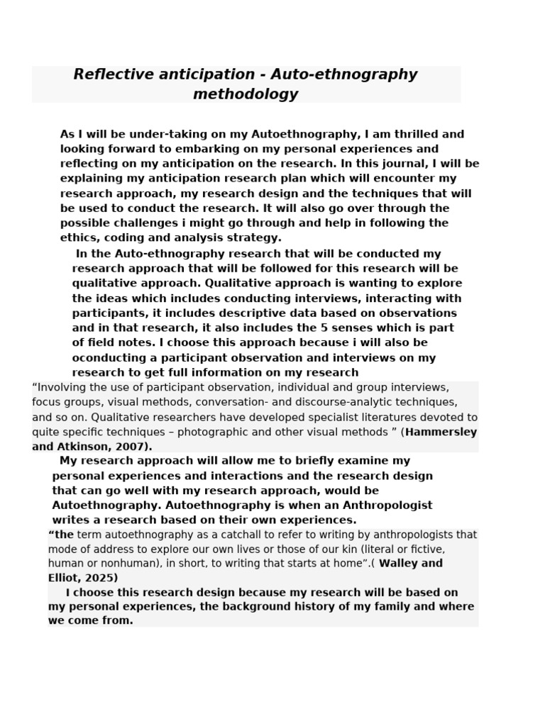 Reflective Anticipation - Auto-Ethnography Methodology | PDF | Qualitative Research | Methodology
