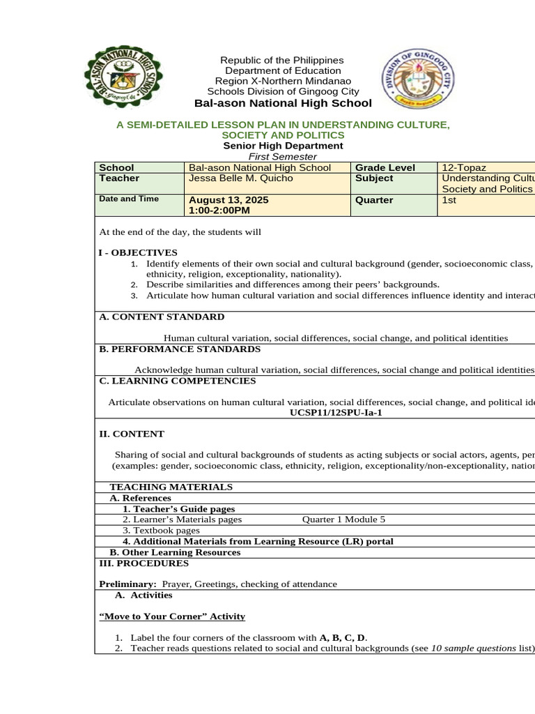 Cot 1 Lesson Plan 2025-2026 | PDF | Learning | Teachers