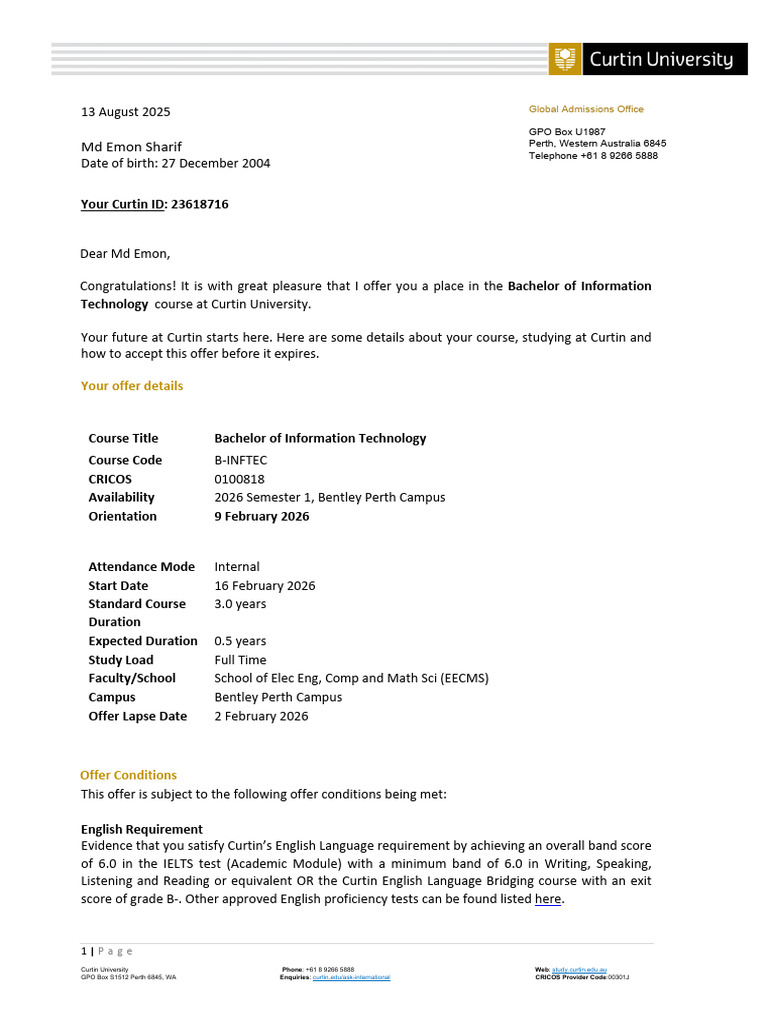 Curtin University Offer Letter 2026 | PDF