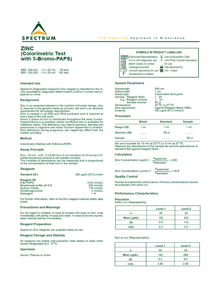 Zinc Colorimetric Assay Protocol | PDF | Zinc | Blood Plasma