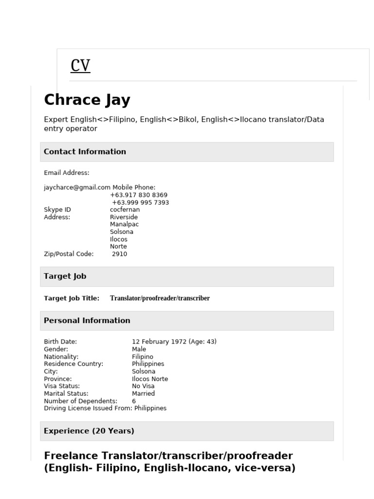 Chrace Jay Resume Transcriber Position at Sigma Ai | PDF | Philippines